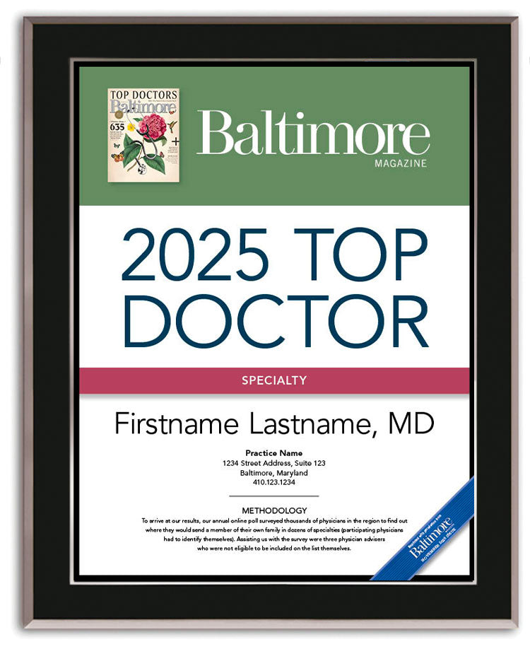 Top Doctors 2025 Plaque – Baltimore Magazine