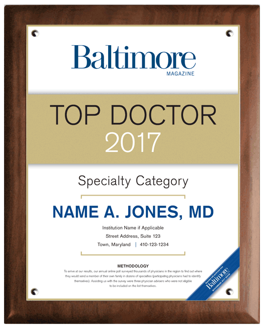Top Doctors 2017 Plaque – Baltimore Magazine